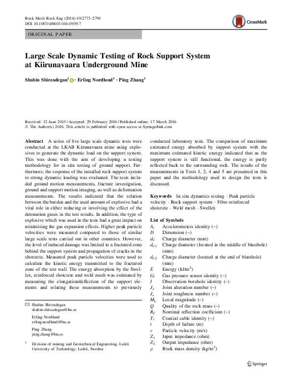 (PDF) Large Scale Dynamic Testing of Rock Support System at ...