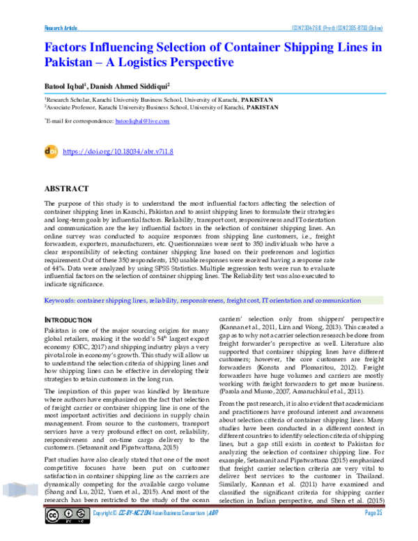 (PDF) Factors Influencing Selection of Container Shipping Lines in ...