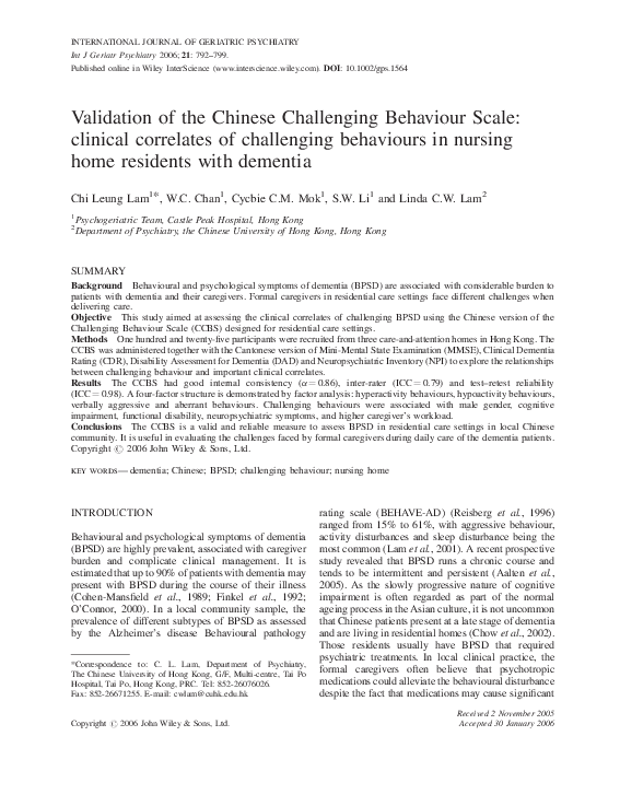 (PDF) Validation of the Chinese Challenging Behaviour Scale: clinical ...