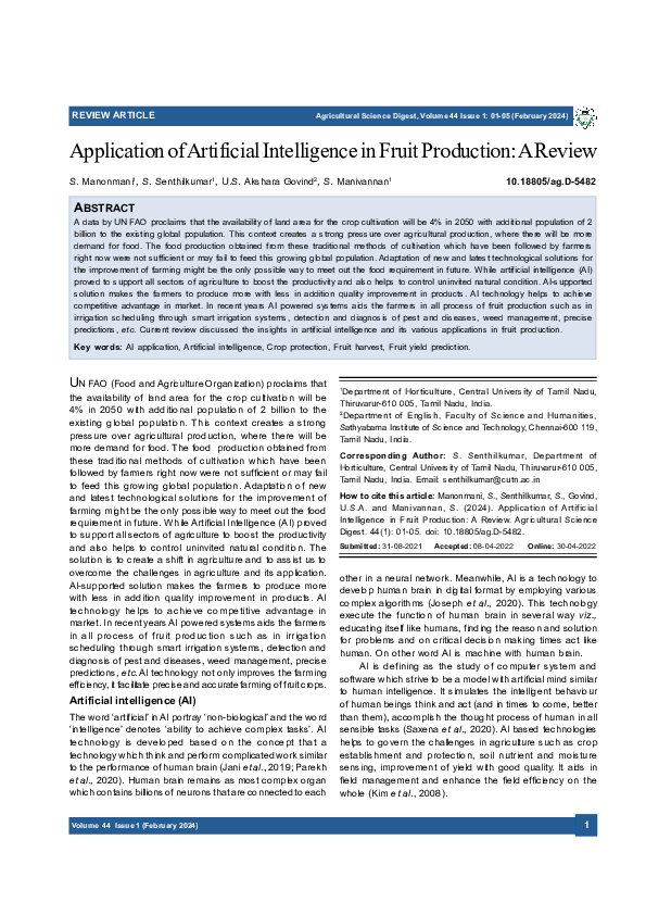 (PDF) Application of Artificial Intelligence in Fruit Production: A Review