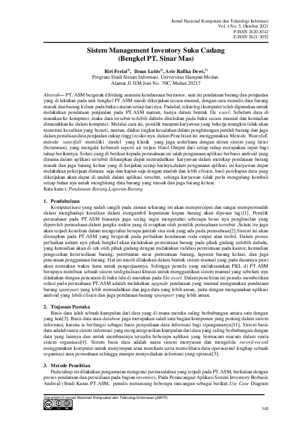(PDF) Sistem Management Inventory Suku Cadang (Bengkel PT. Sinar Mas)