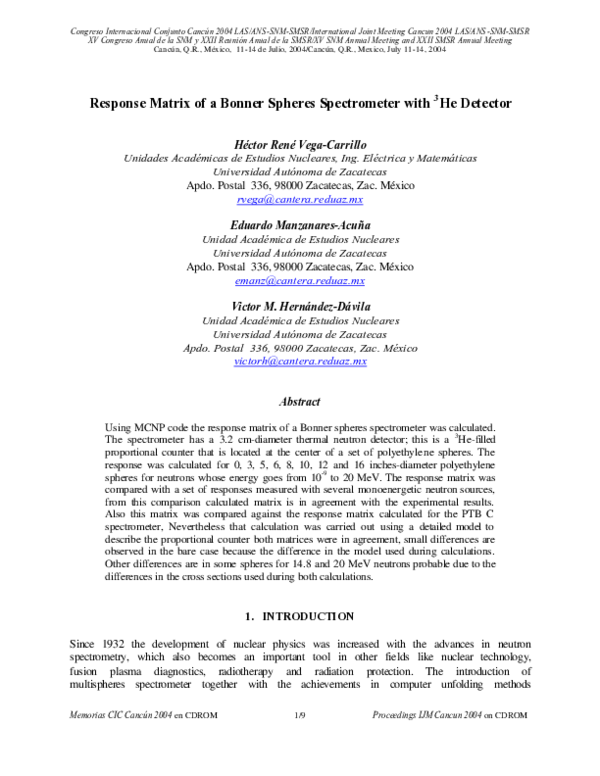 (PDF) Response Matrix of a Bonner Spheres Spectrometer with 3 He Detector