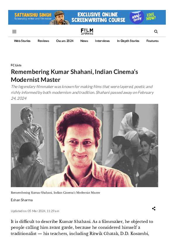 (PDF) Remembering Kumar Shahani, Indian Cinema's Modernist Master