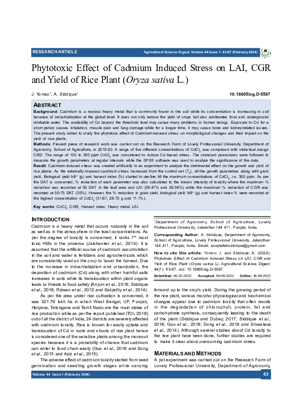 (PDF) Phytotoxic Effect of Cadmium Induced Stress on LAI, CGR and Yield of Rice Plant (Oryza ...