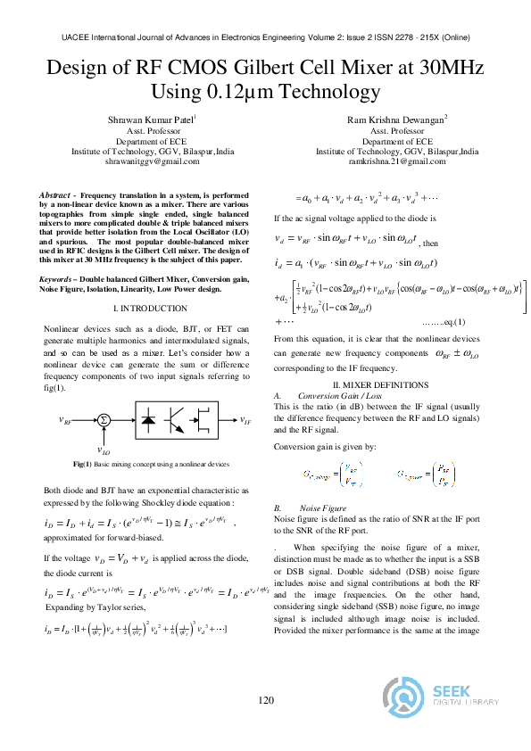 (PDF) Design of RF CMOS Gilbert Cell Mixer at 30MHz Using 0.12µm Technology