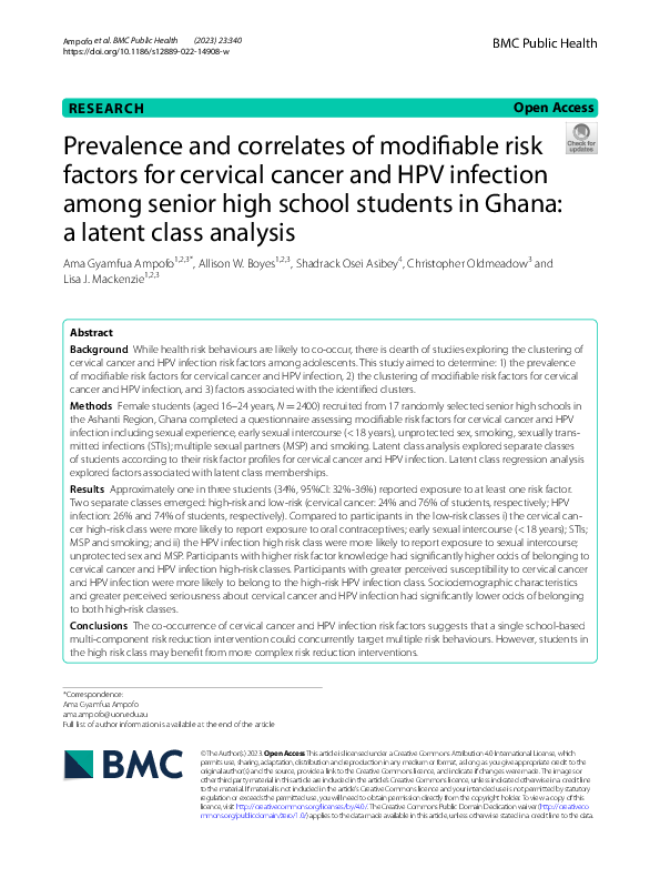 (PDF) Prevalence and correlates of modifiable risk factors for cervical ...