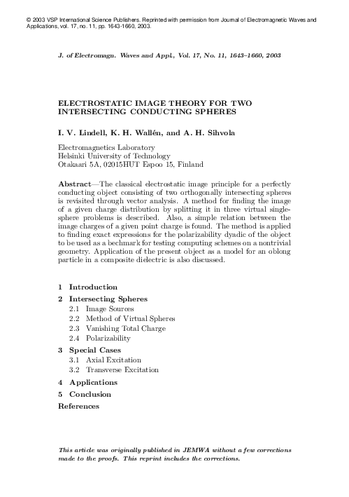 (PDF) Electrostatic Image Theory for Two Intersecting Conducting Spheres