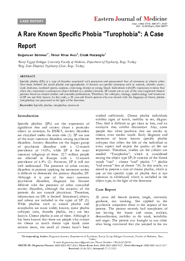 (PDF) A Rare Known Specific Phobia "Turophobia": A Case Report