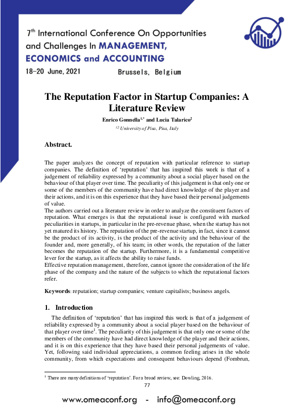 (PDF) The Reputation Factor in Start-up Companies: A Literature Review