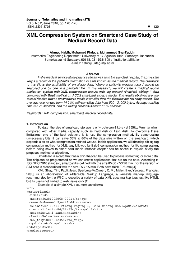 (PDF) XML Compression System on Smartcard Case Study of Medical Record Data