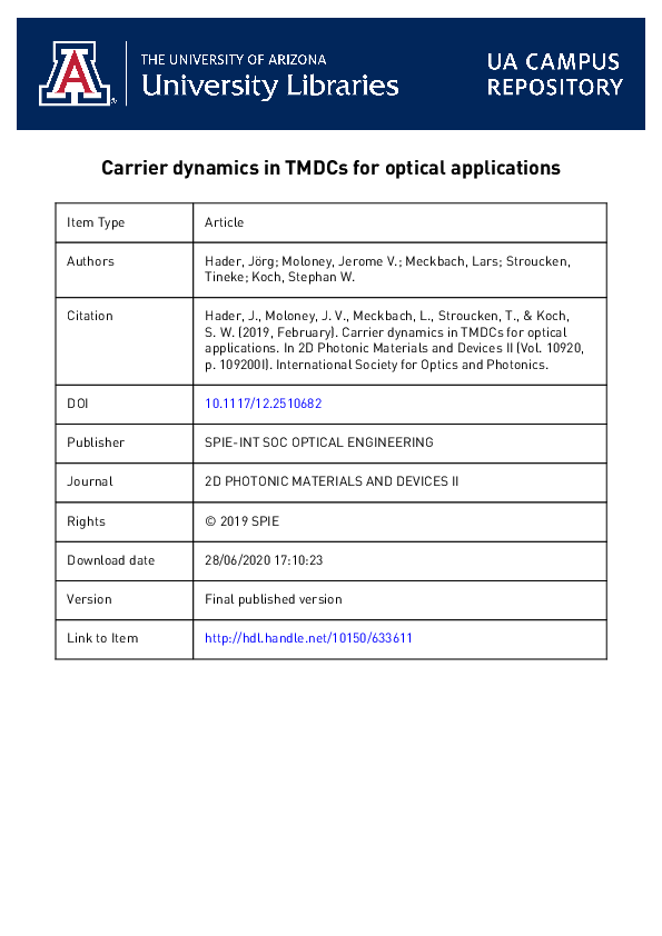 (PDF) Carrier dynamics in TMDCs for optical applications