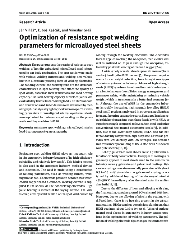 (PDF) Optimization of resistance spot welding parameters for microalloyed steel sheets