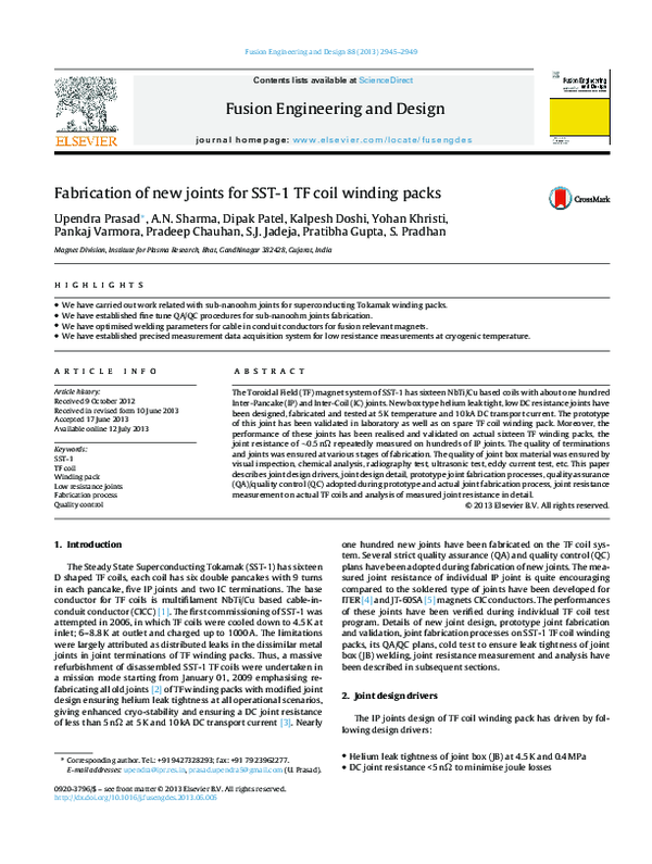 (PDF) Fabrication of new joints for SST-1 TF coil winding packs