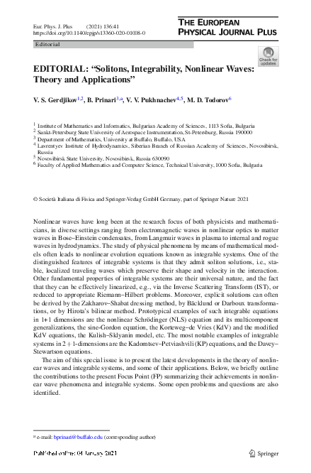(PDF) EDITORIAL: “Solitons, Integrability, Nonlinear Waves: Theory and ...