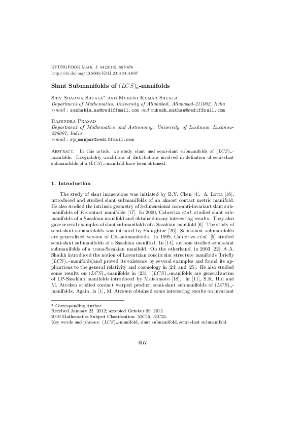 (PDF) Slant Submanifolds of (LCS)n-manifolds