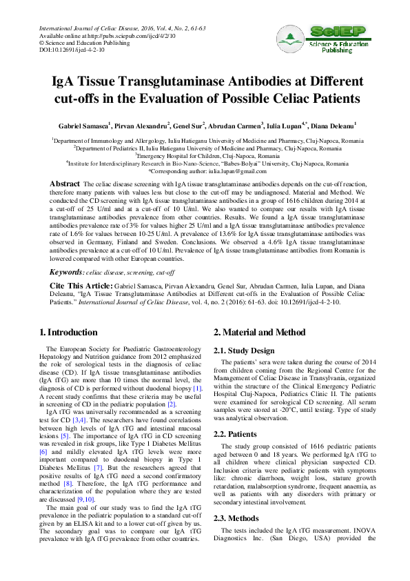 (PDF) IgA Tissue Transglutaminase Antibodies at Different cut-offs in ...