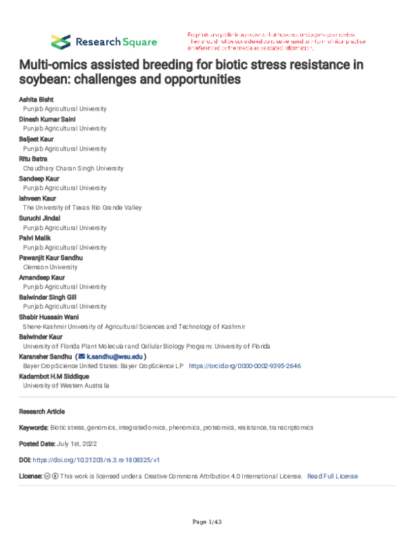 (PDF) Multi-omics assisted breeding for biotic stress resistance in soybean: challenges and ...