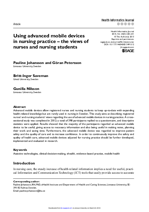 (PDF) Using advanced mobile devices in nursing practice – the views of ...