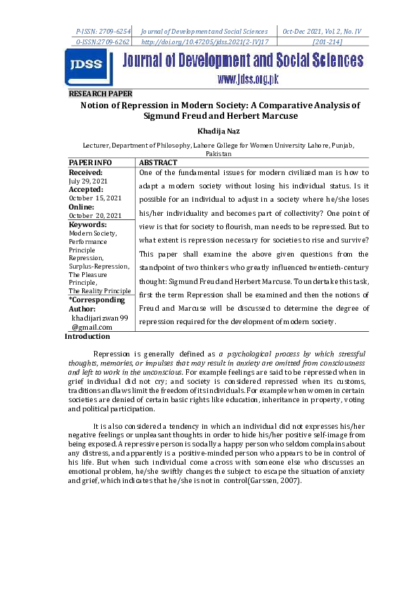 (PDF) Notion of Repression in Modern Society: A Comparative Analysis of ...