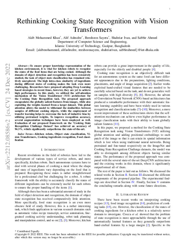 (PDF) Rethinking Cooking State Recognition with Vision Transformers