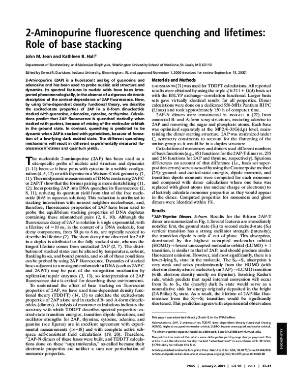 (PDF) 2-Aminopurine fluorescence quenching and lifetimes: Role of base ...