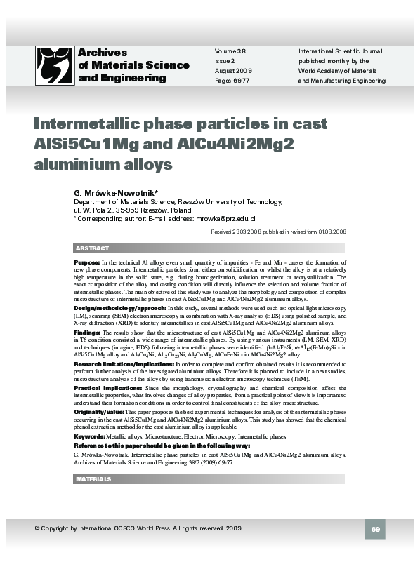 (PDF) Intermetallic phase particles in cast AlSi5Cu1Mg and AlCu4Ni2Mg2 ...