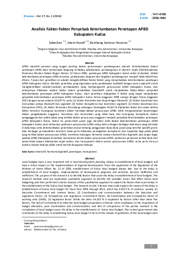 (PDF) Analisis Faktor-faktor Penyebab Keterlambatan Penetapan APBD Kabupaten Kudus