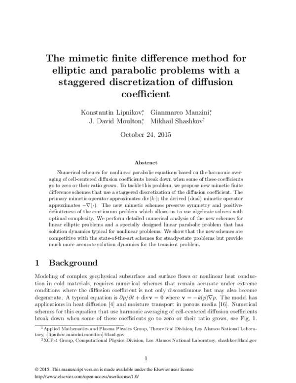 (PDF) The mimetic finite difference method for elliptic and parabolic problems with a staggered ...