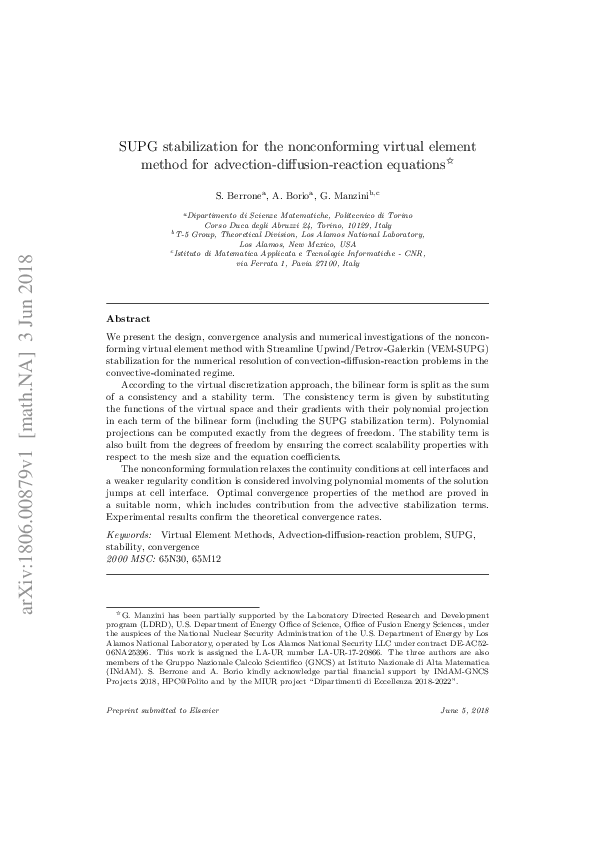 (PDF) SUPG stabilization for the nonconforming virtual element method for advection–diffusion ...
