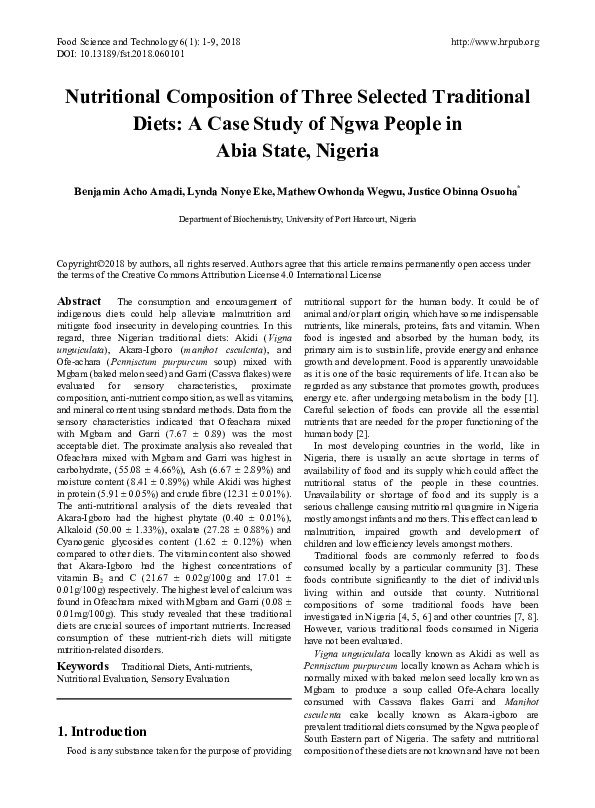 (PDF) Nutritional Composition of Three Selected Traditional Diets: A ...