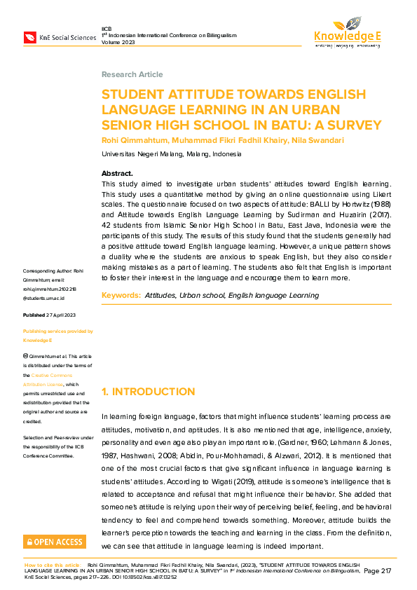 (PDF) Student Attitude Towards English Language Learning in an Urban Senior High School in Batu ...