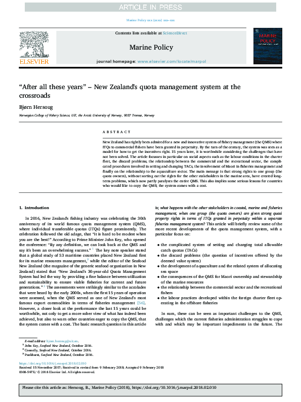 (PDF) “After all these years” – New Zealand's quota management system ...