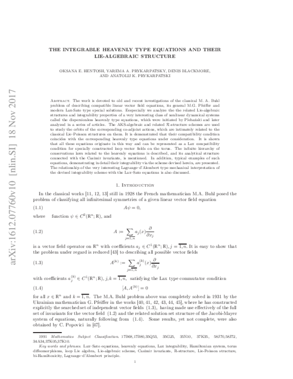 (PDF) The integrable heavenly type equations and their Lie-algebraic structure