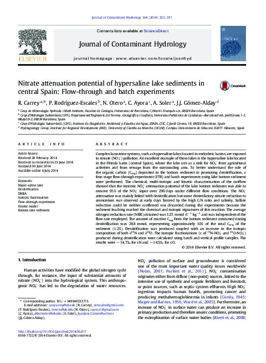 (PDF) Nitrate attenuation potential of hypersaline lake sediments in central Spain: Flow-through ...