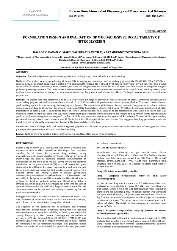 (PDF) FORMULATION DESIGN AND EVALUATION OF MUCOADHESIVE BUCCAL TABLETS ...