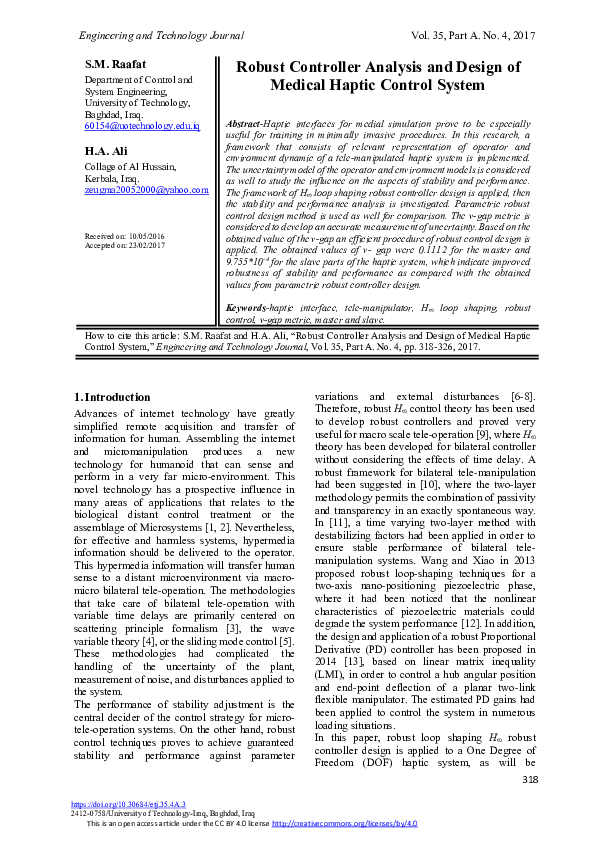(PDF) Robust Controller Analysis and Design of Medical Haptic Control System