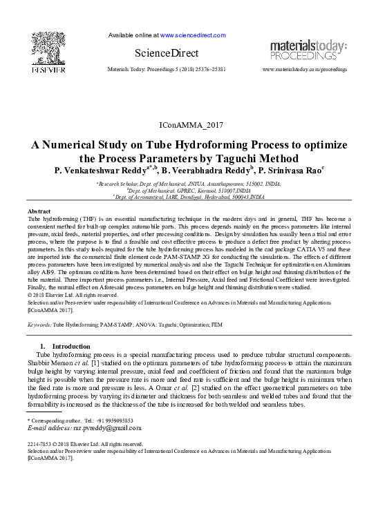 (PDF) A Numerical Study on Tube Hydroforming Process to optimize the Process Parameters by ...