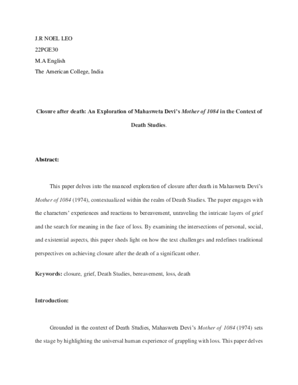 (PDF) Closure after death: An Exploration of Mahasweta Devi’s Mother of ...