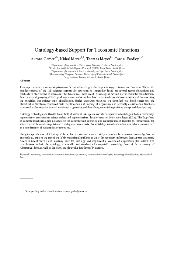 (PDF) Ontology-based support for taxonomic functions | Aurona Gerber Sr. - Academia.edu