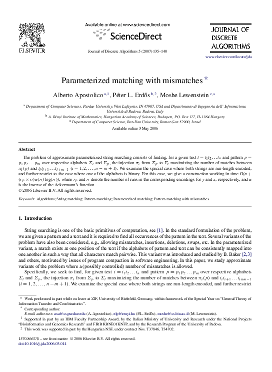 (PDF) Parameterized matching with mismatches