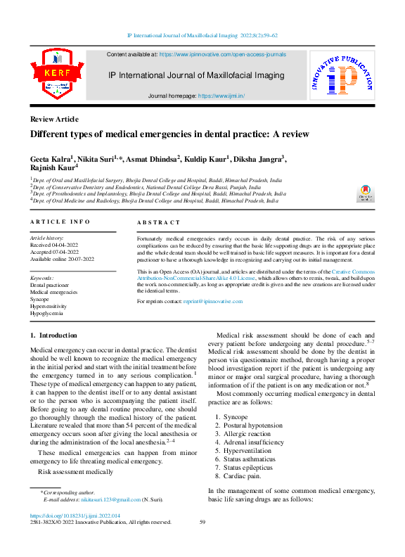 (PDF) Different types of medical emergencies in dental practice: A review