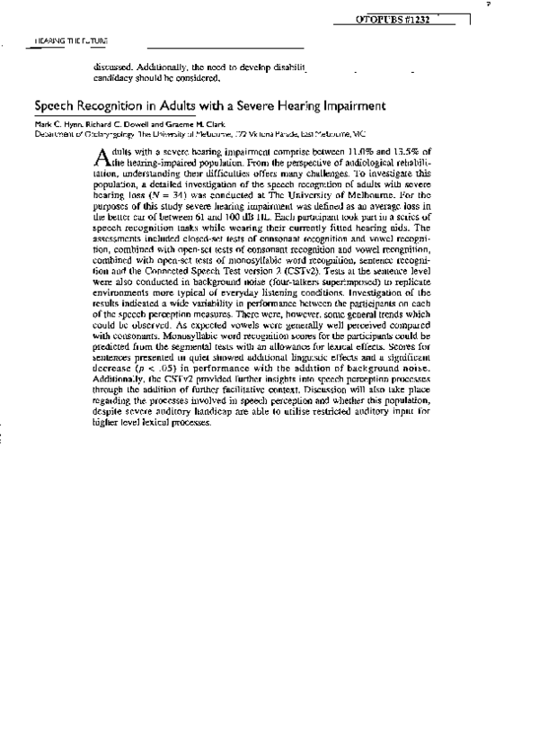 (PDF) Speech recognition in adults with a severe hearing impairment ...