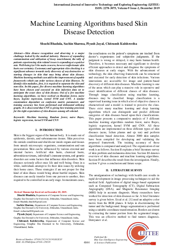 (PDF) Machine Learning Algorithms based Skin Disease Detection