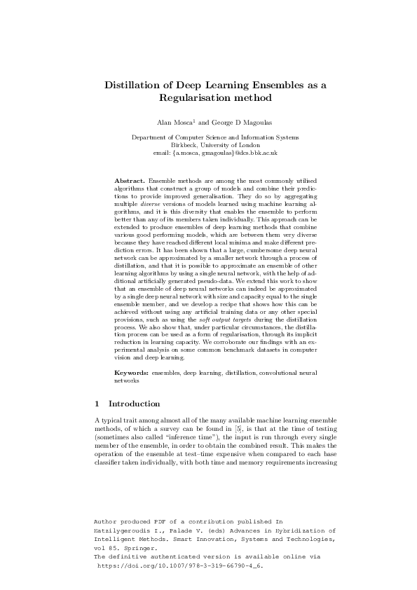 Distillation of Deep Learning Ensembles as a Regularisation Method