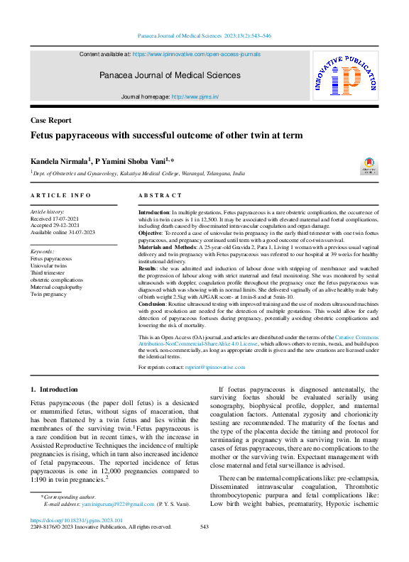 (PDF) Fetus papyraceous with successful outcome of other twin at term