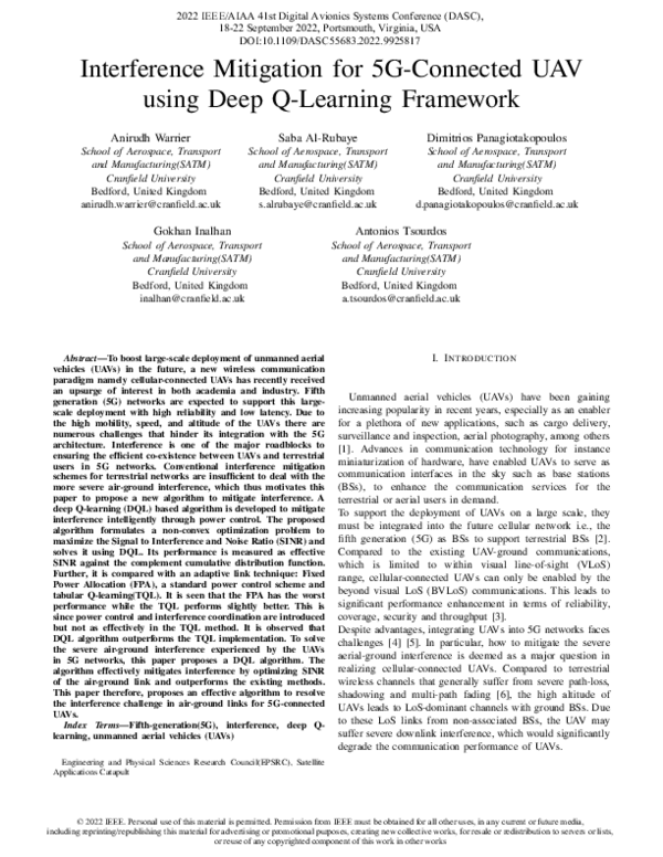 (PDF) Interference Mitigation for 5G-Connected UAV using Deep Q-Learning Framework