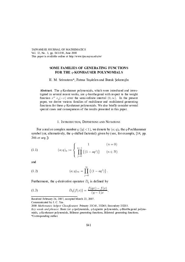 (PDF) SOME FAMILIES OF GENERATING FUNCTIONS FOR THE q-KONHAUSER POLYNOMIALS | Fatma Sude ...