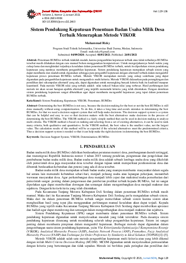 (PDF) Sistem Pendukung Keputusan Penentuan Badan Usaha Milik Desa Terbaik Menerapkan Metode VIKOR