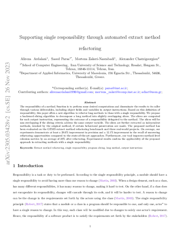 Pdf Supporting Single Responsibility Through Automated Extract Method Refactoring Saeed