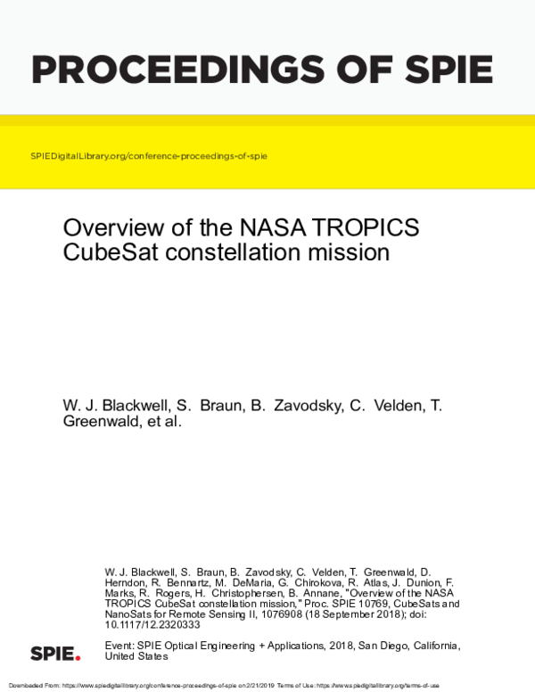 (PDF) Overview of the NASA TROPICS CubeSat Constellation Mission